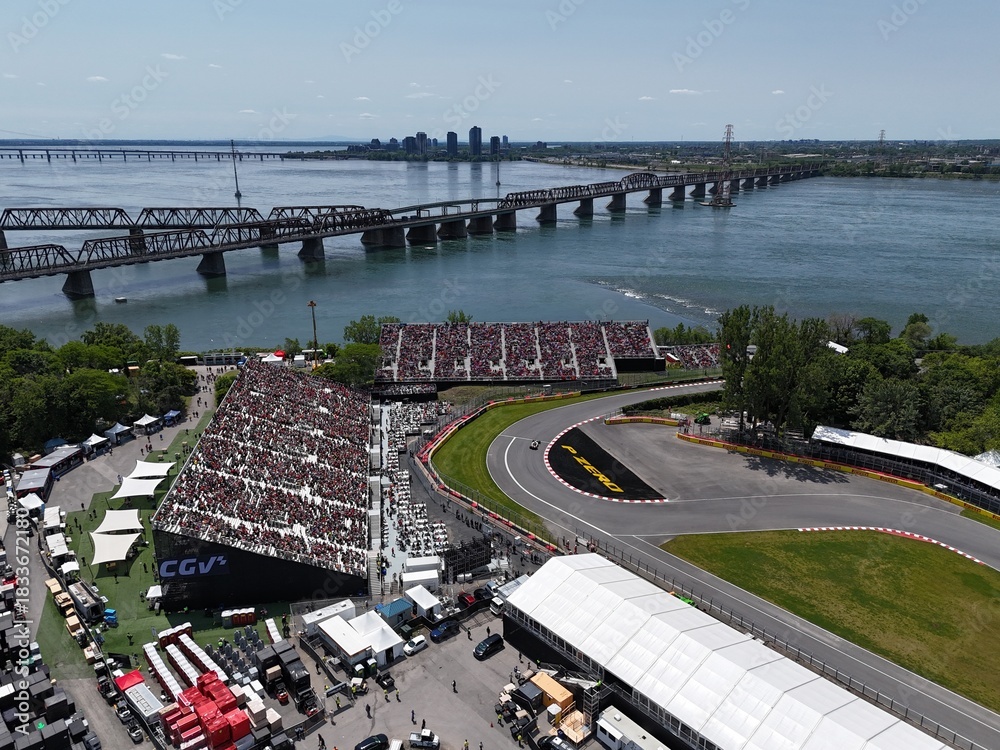 14th of June 2025. Helicopter flight Montreal F1 circuit with crowded ...