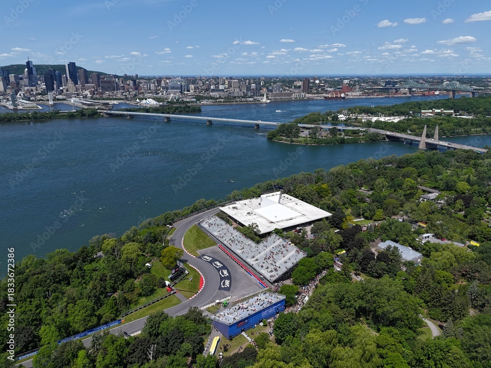 14th of June 2025. Helicopter flight Montreal F1 circuit with crowded ...