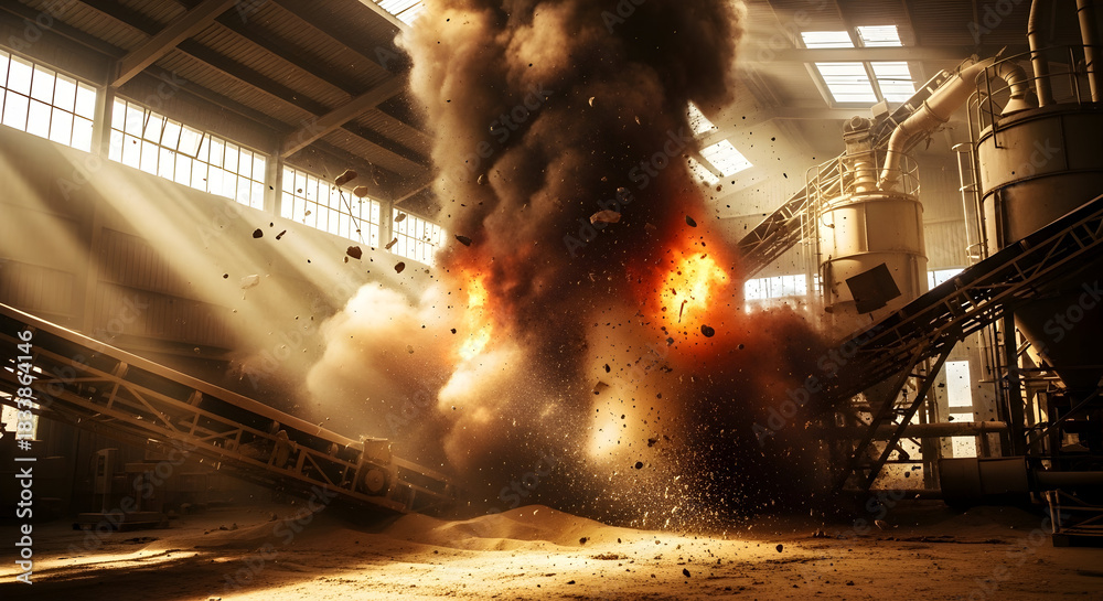 Industrial storage hall filled with bright sun rays highlighting a ...