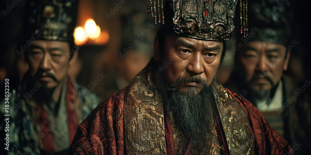 Royal council in ancient China, with officials in traditional attire at ...