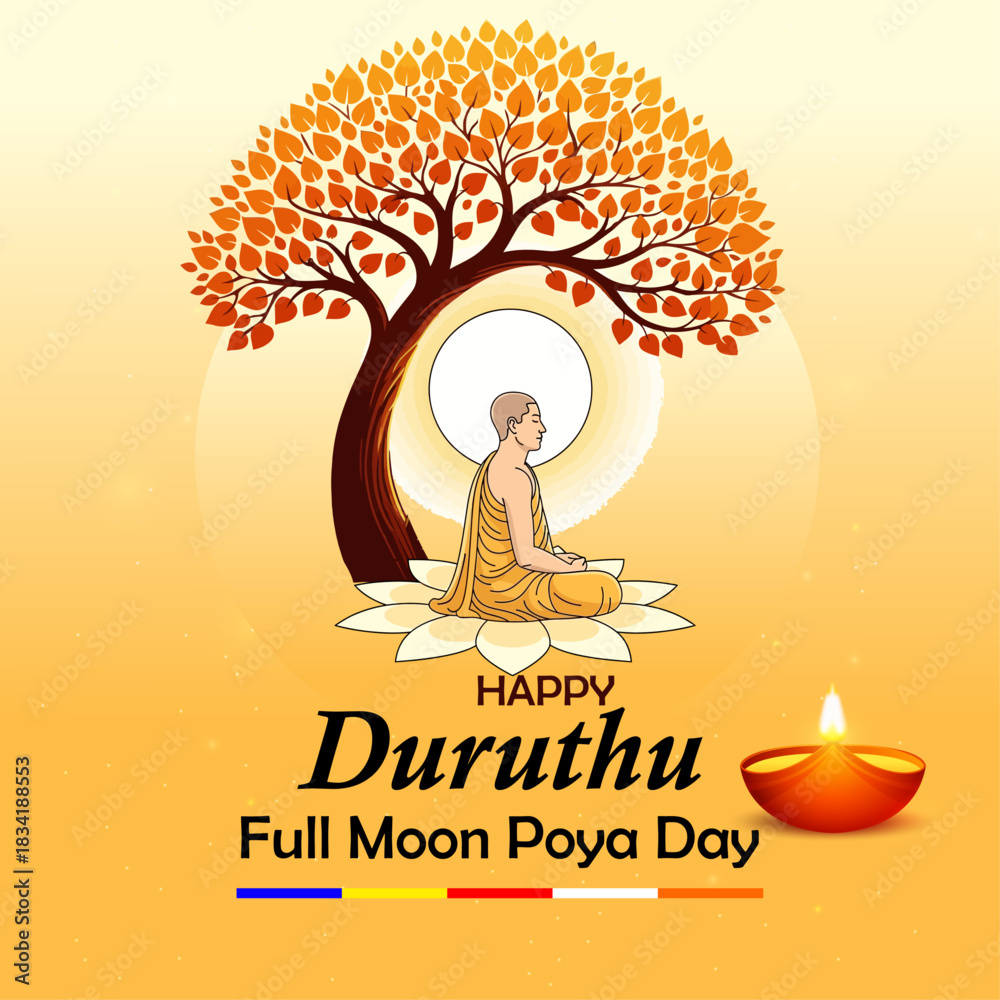 Duruthu Poya Day Wishes Flyer, Meditating Monk Under Bodhi Tree ...