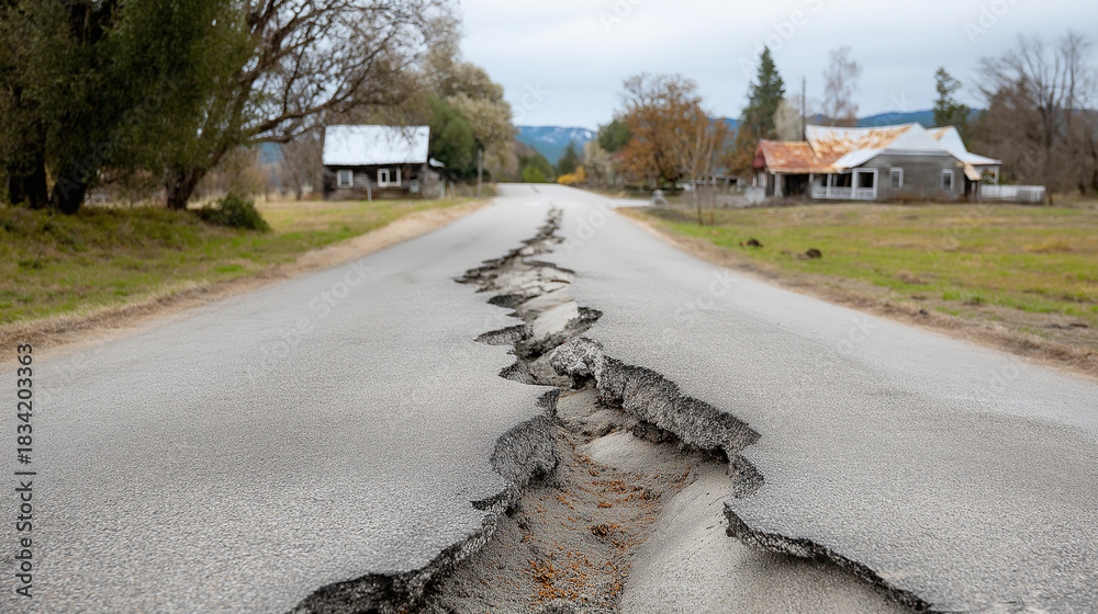 Rural asphalt road showing collapse and segregation damage from non ...