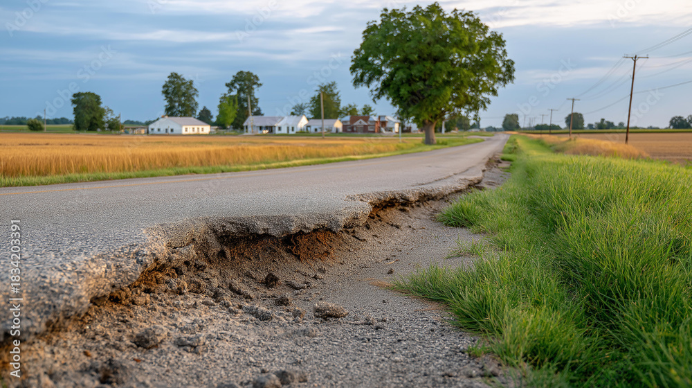 Fotografie Rural asphalt road showing collapse and segregation damage ...