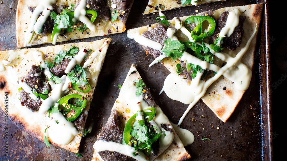 flatbread. Ground lamb flatbread drizzled with yogurt, featuring warm ...