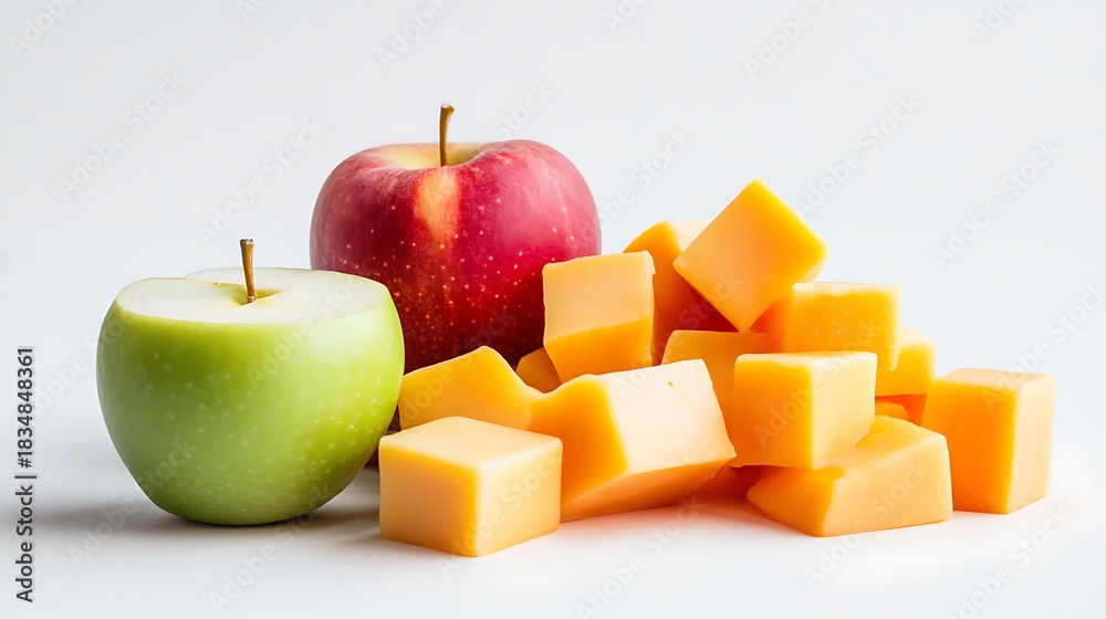 Whole red and green apples alongside an inviting pile of sharp cheddar ...