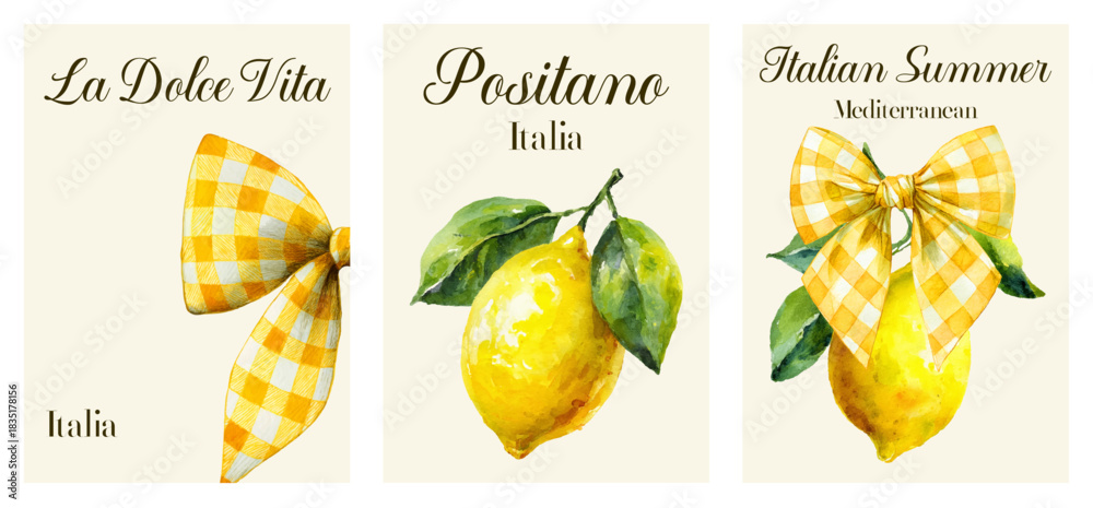 Set of poster designs with yellow lemons and bow. Italian Mediterranean ...