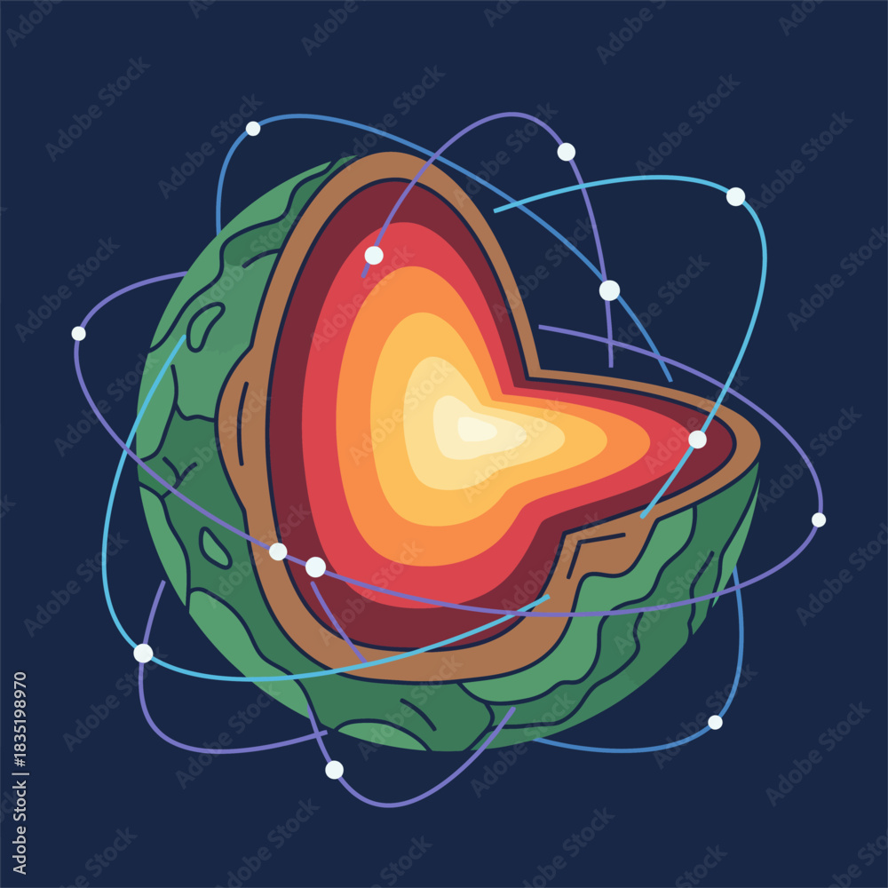 planetary cross section illustration showing earth layers and orbits a ...