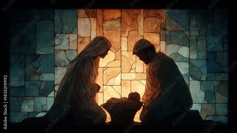 Stained Glass Nativity. A stained glass artwork depicting a nativity ...