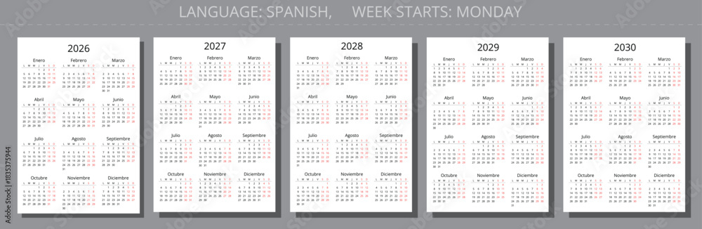 2026, 2027, 2028, 2029, 2030 spanish year calendars. Printable vector ...