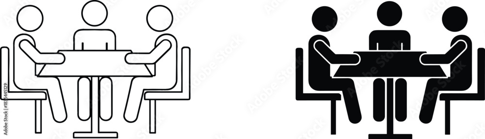 Vector icons featuring three stick figures sitting around a table in ...