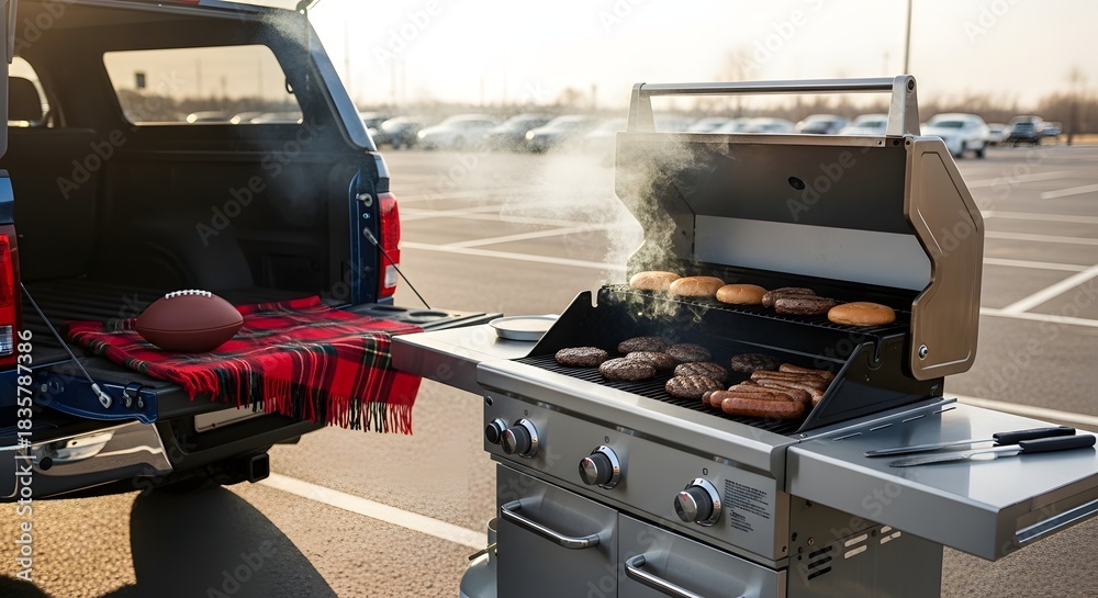 Propane grill cooking burgers and hot dogs with a pickup truck and ...