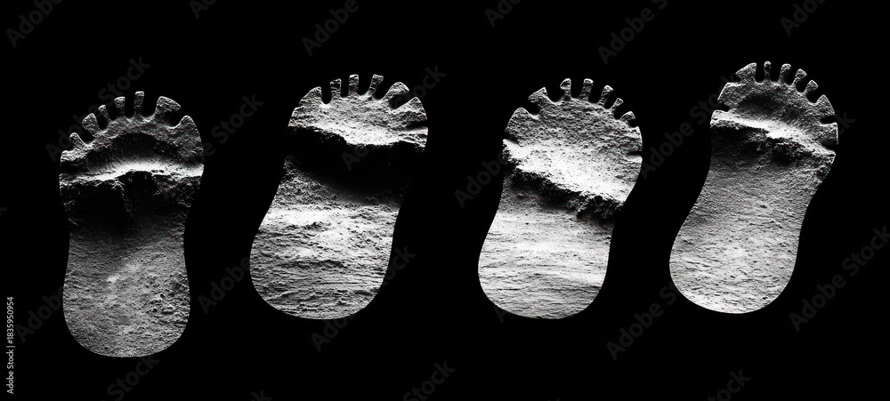 Four white footprints in sand shown in black background, each footprint ...