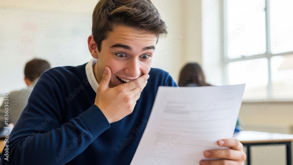 Young male student reacting with surprise and joy while reading exam ...