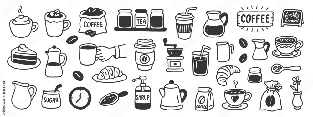 Set of hand drawn coffee doodles and cafe icons. Vector illustration of ...