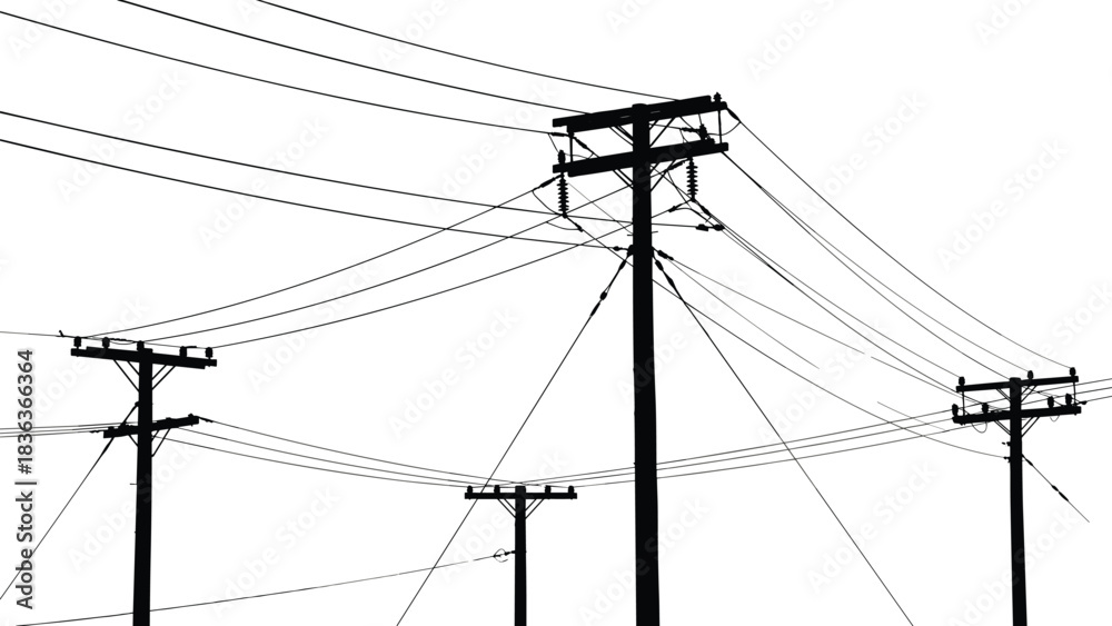 Utility Poles and Power Lines Silhouettes against White Sky Vector ...