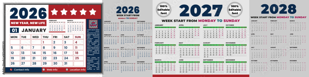 English calendar vector design for 2026, 2027, 2028 year with editable ...