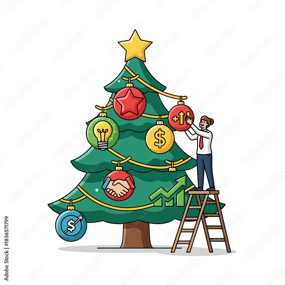 Ilustrasi vektor 2D, karakter memasang ornamen unik pada diagram pohon ...