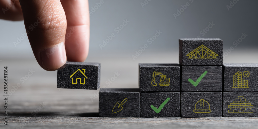 Construction and real estate development process. Hand stacking wooden ...