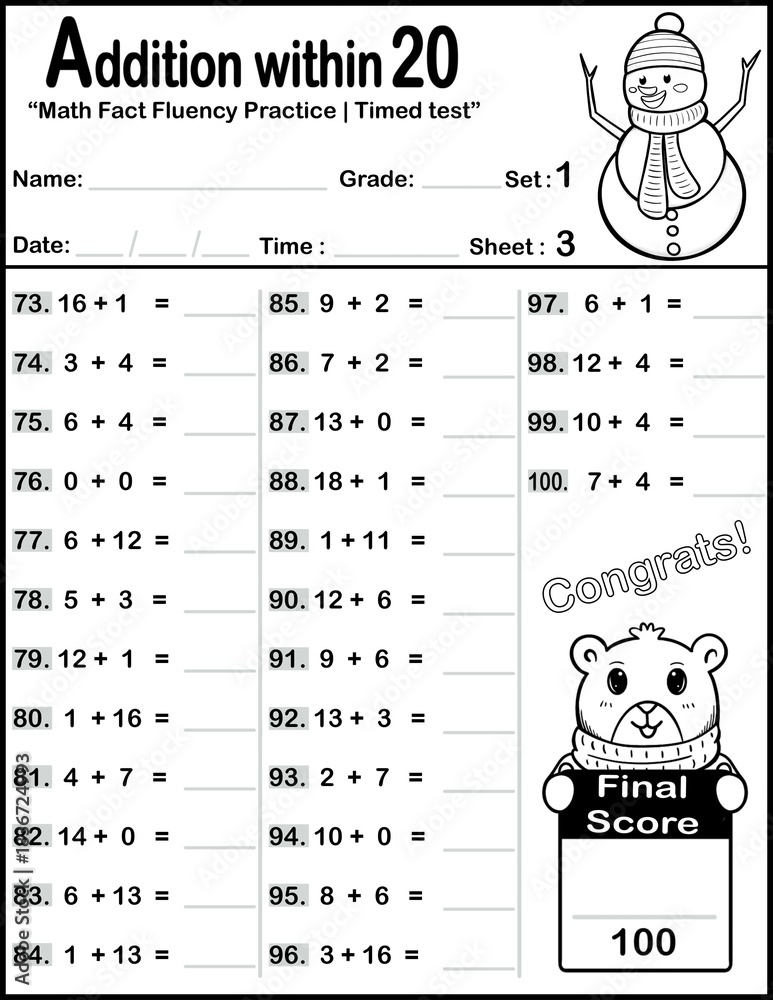 Addition within 20, match fact fluency time test worksheet set ...