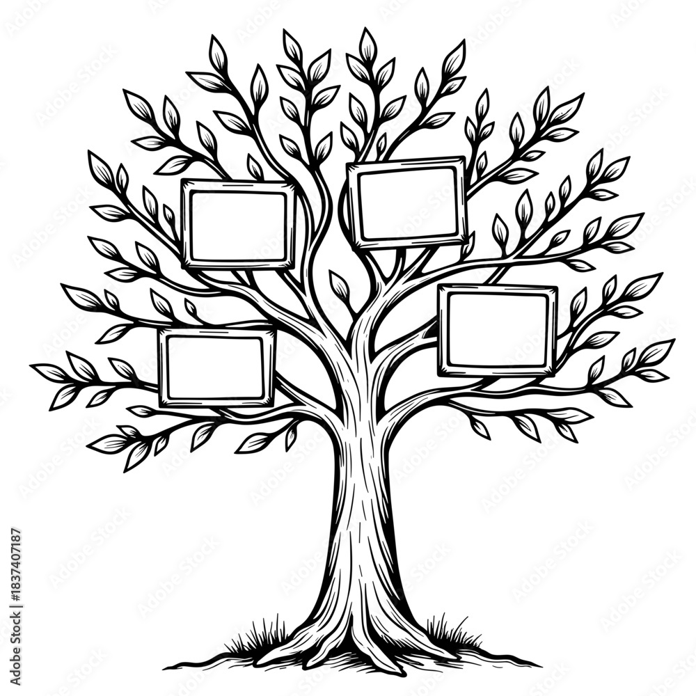 Family tree with framed photos illustration for kids coloring ...