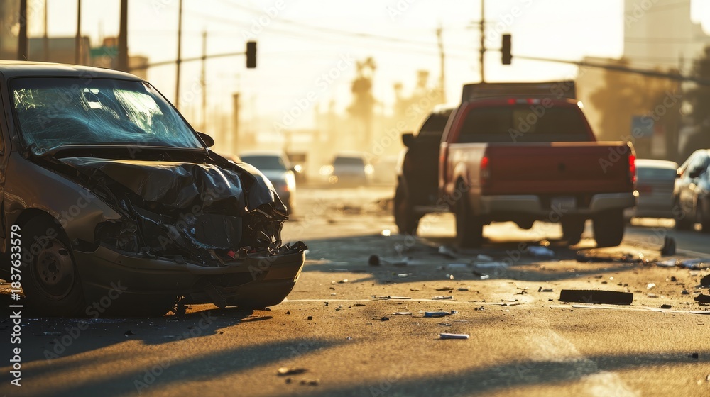Dramatic impact damage where family sedan collides with work pickup ...