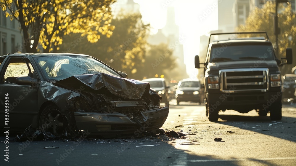 Dramatic impact damage where family sedan collides with work pickup ...
