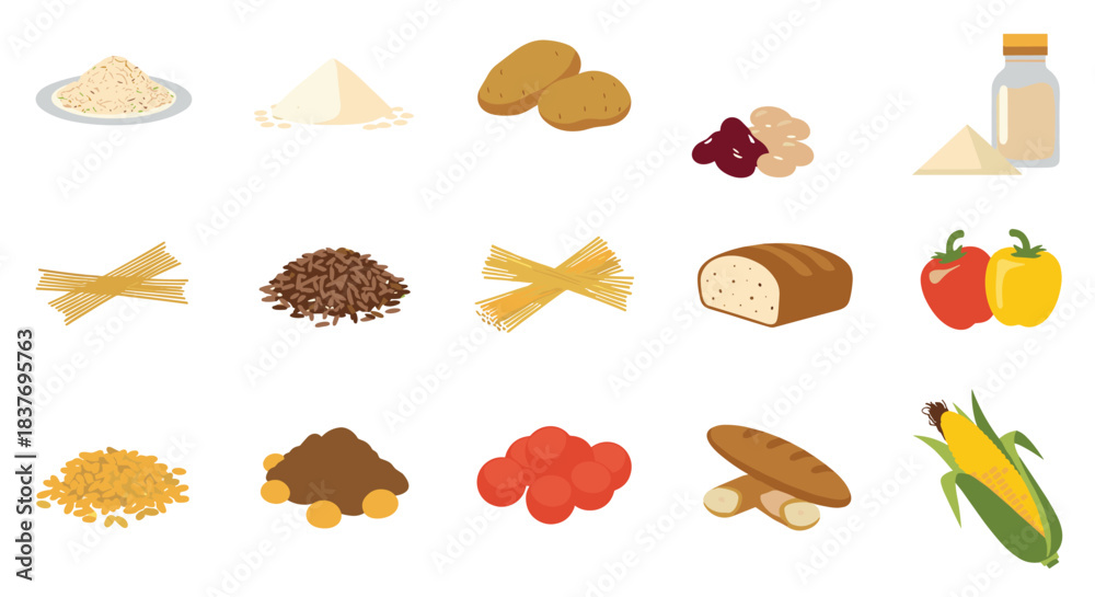 Large set of various carbohydrate food group icons including pasta ...