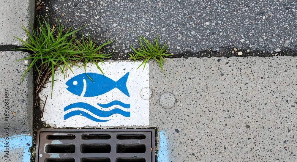Foto de Stock Stormwater drain markings with a blue fish icon ...