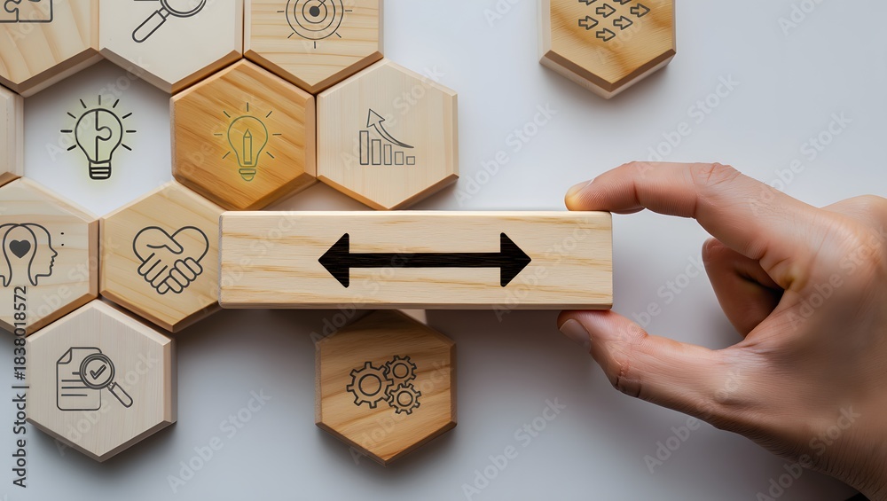 Design Thinking Process concept. Wooden blocks with icons; the key ...