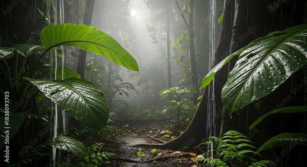 Lush, dense jungle rainforest scene with large green leaves and heavy ...