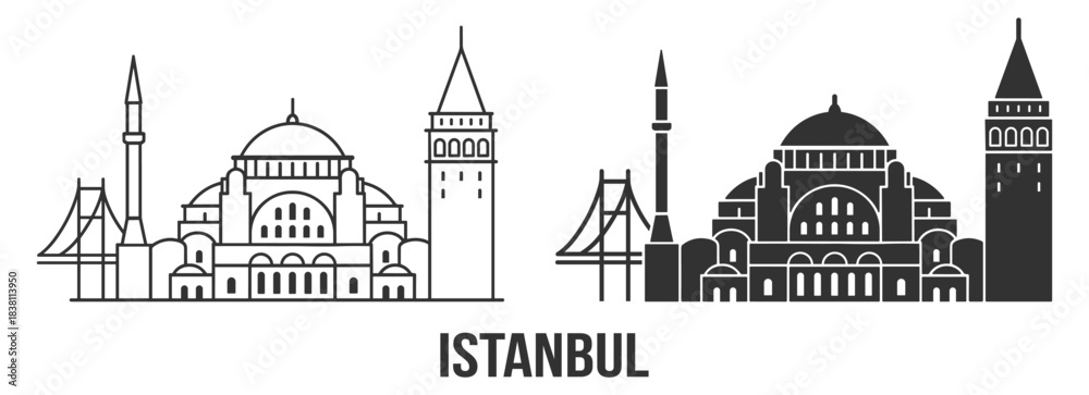 Istanbul city landmark icon set with Hagia Sophia, Galata tower and ...
