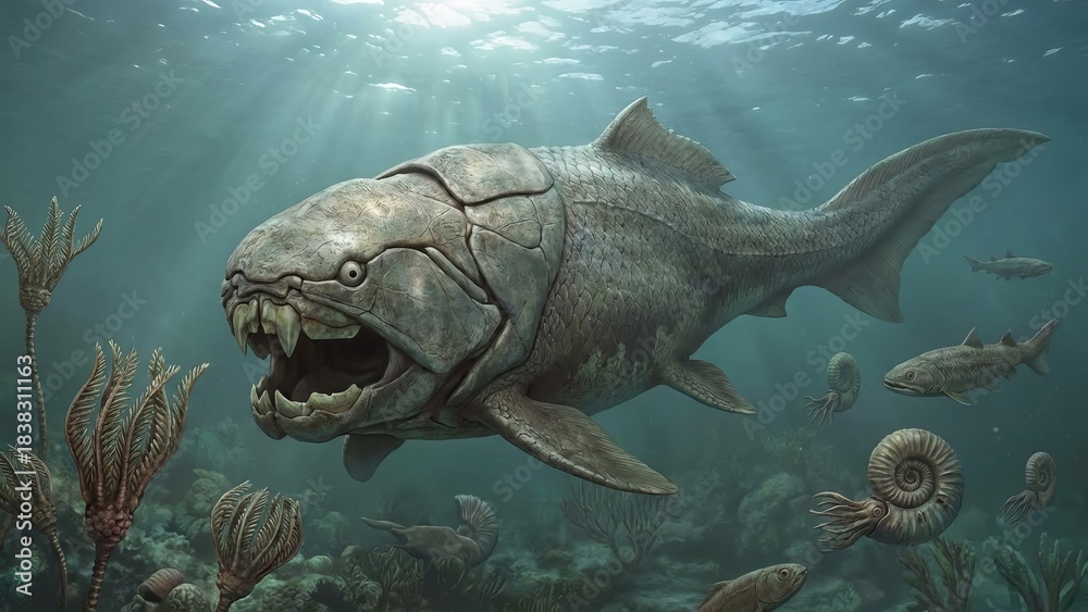 Dunkleosteus, a massive armored placoderm, dominates the ancient ...
