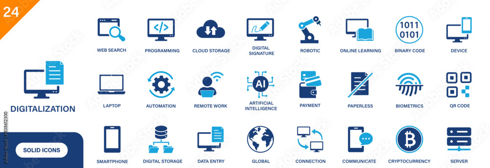 Digitalization icon. Including binary code, online learning, QR code ...