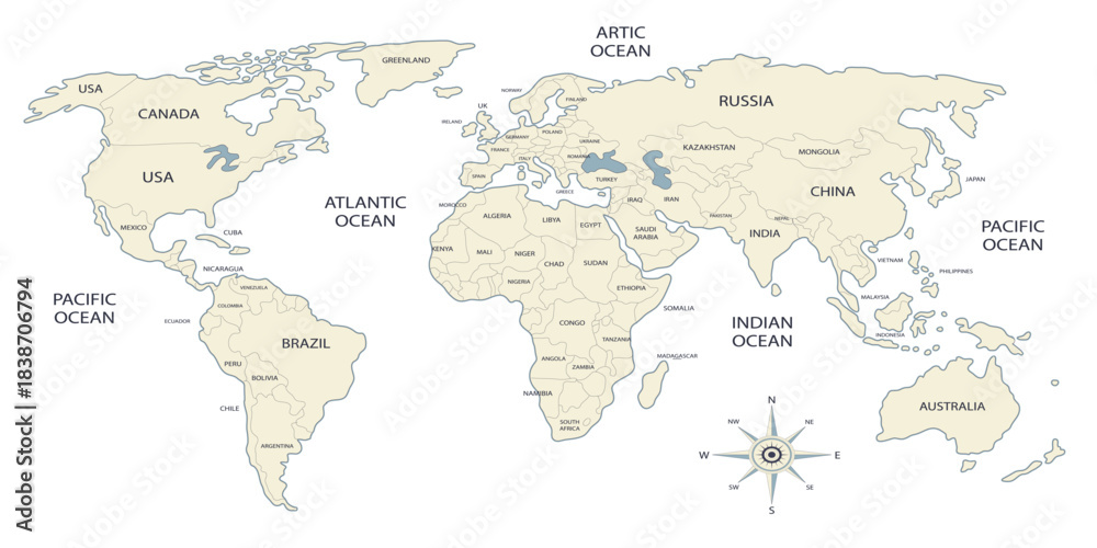 World map with countries names and seas. World map with grid . world ...