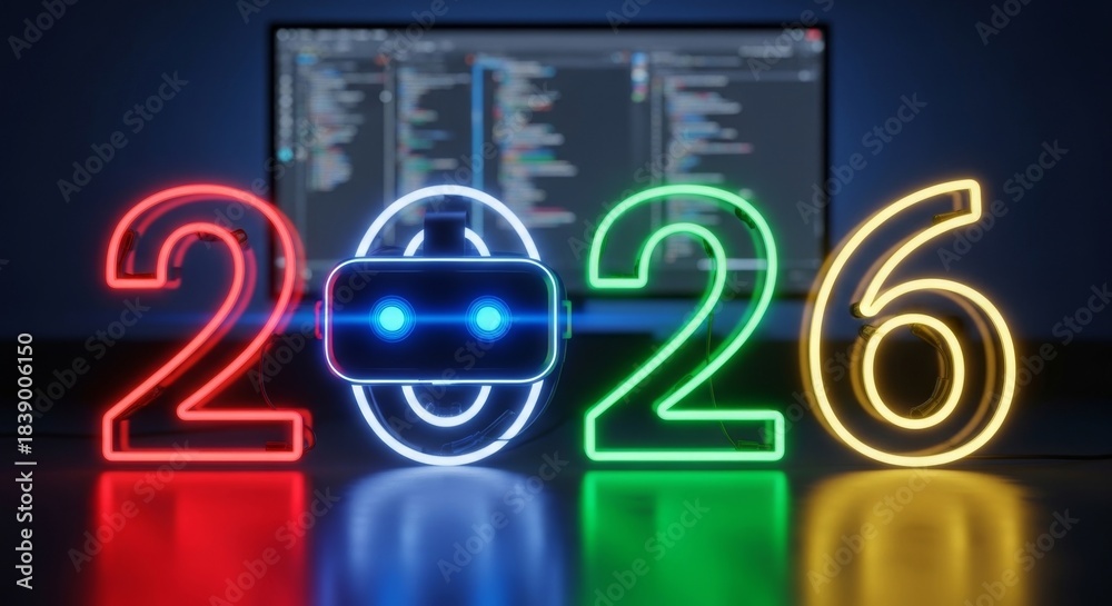 Stock-Illustration „Neon Future Year 2026 - A vibrant neon sign ...