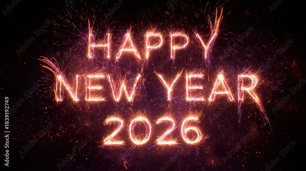 Bright Firework Display with Happy New Year 2026 Text Celebrating New ...