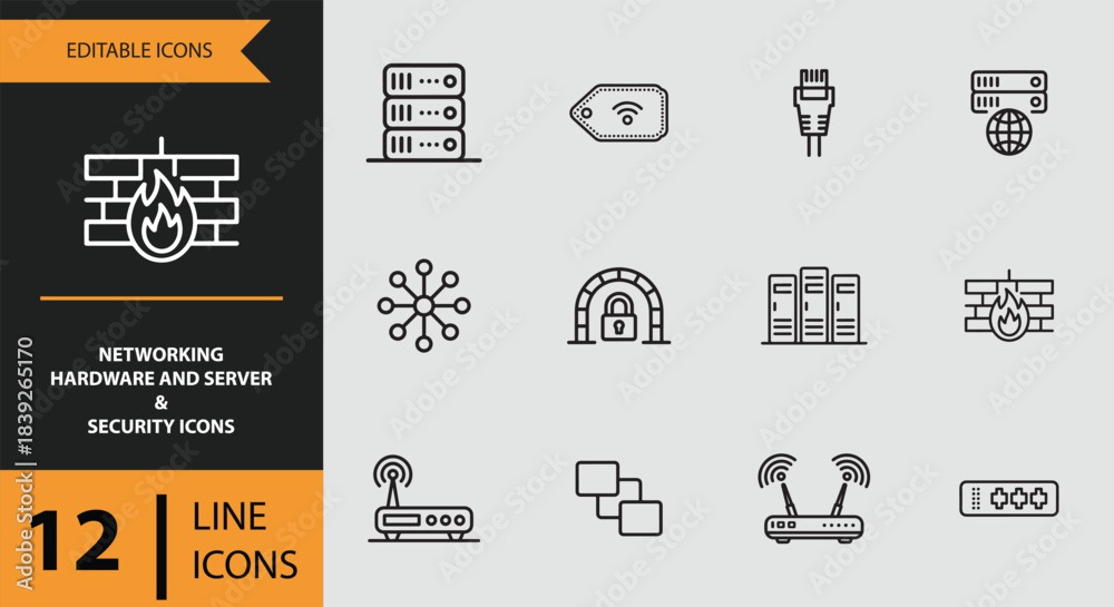 12 Networking Hardware and Server and Security Icons outline icon set ...