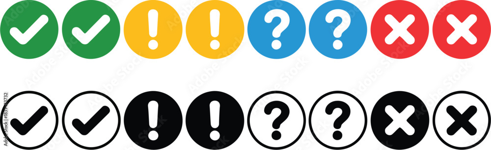 Row of colorful status icons featuring green checkmarks, yellow ...