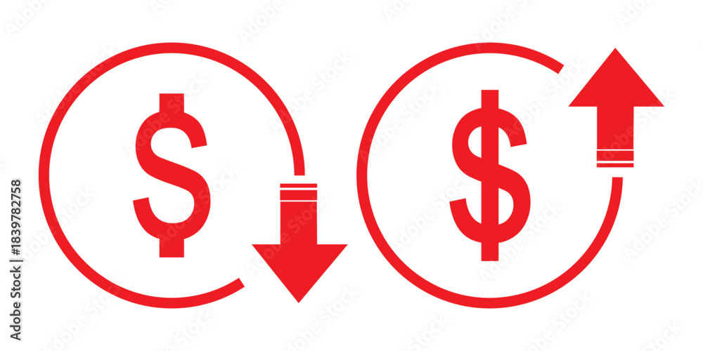 Money increase or decrease icon set. dollar decrease increase symbol. profit and lose icons with ...