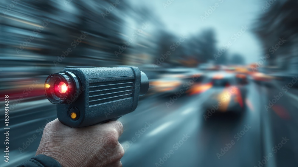 Foto de Stock A blurred image showing a hand holding a speed radar gun ...