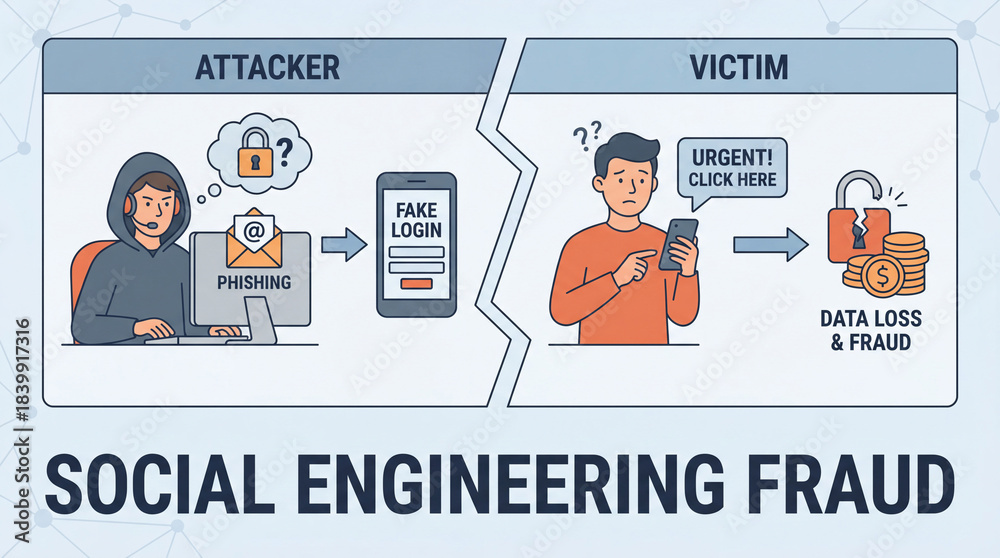 Ilustración de Stock Social engineering fraud diagram showing attacker ...