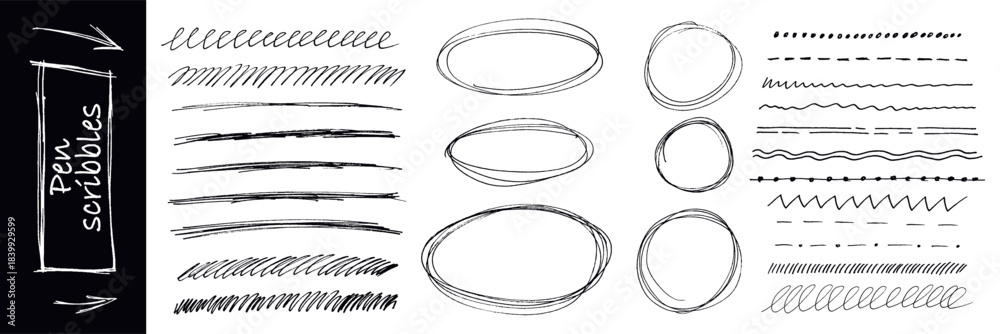 Black pen artwork combining round circle underline sketches with doodle ...