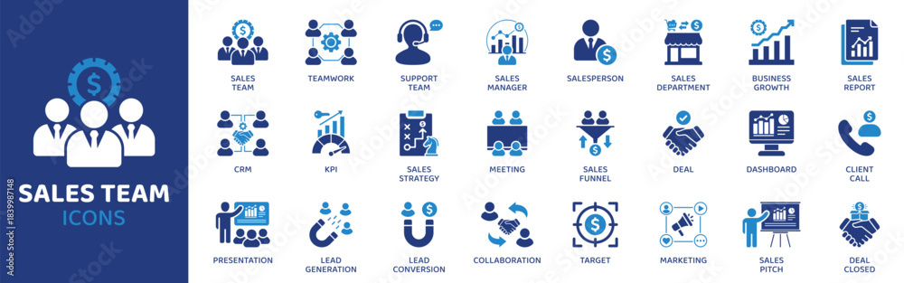 Sales team flat icon set. Containing Icons as Teamwork, Sales Manager ...