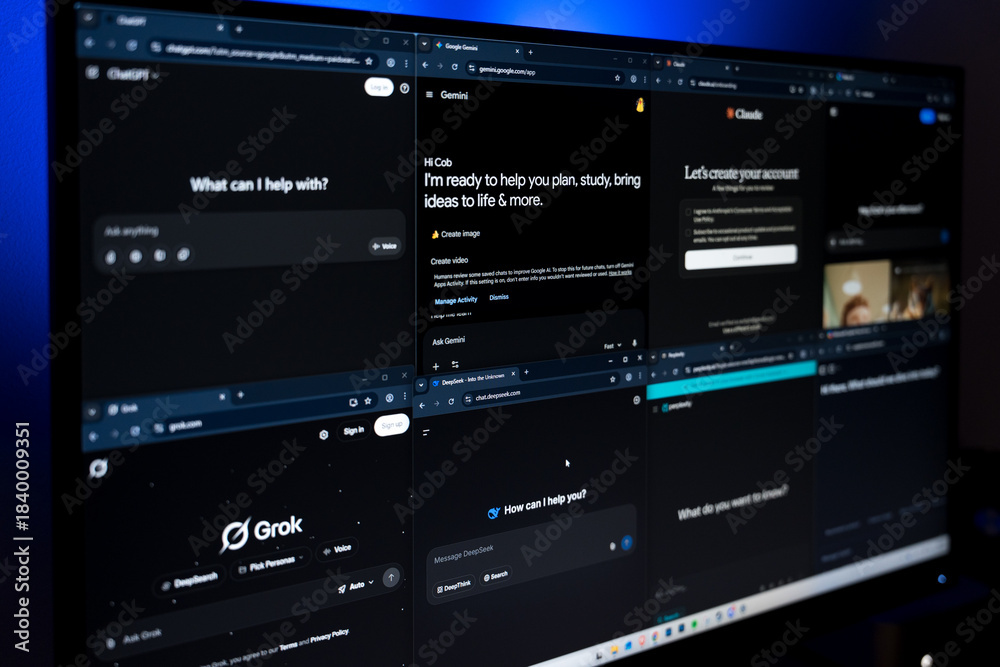 Monitor Screen Displaying Multiple Ai Chatbot Interfaces Chatgpt