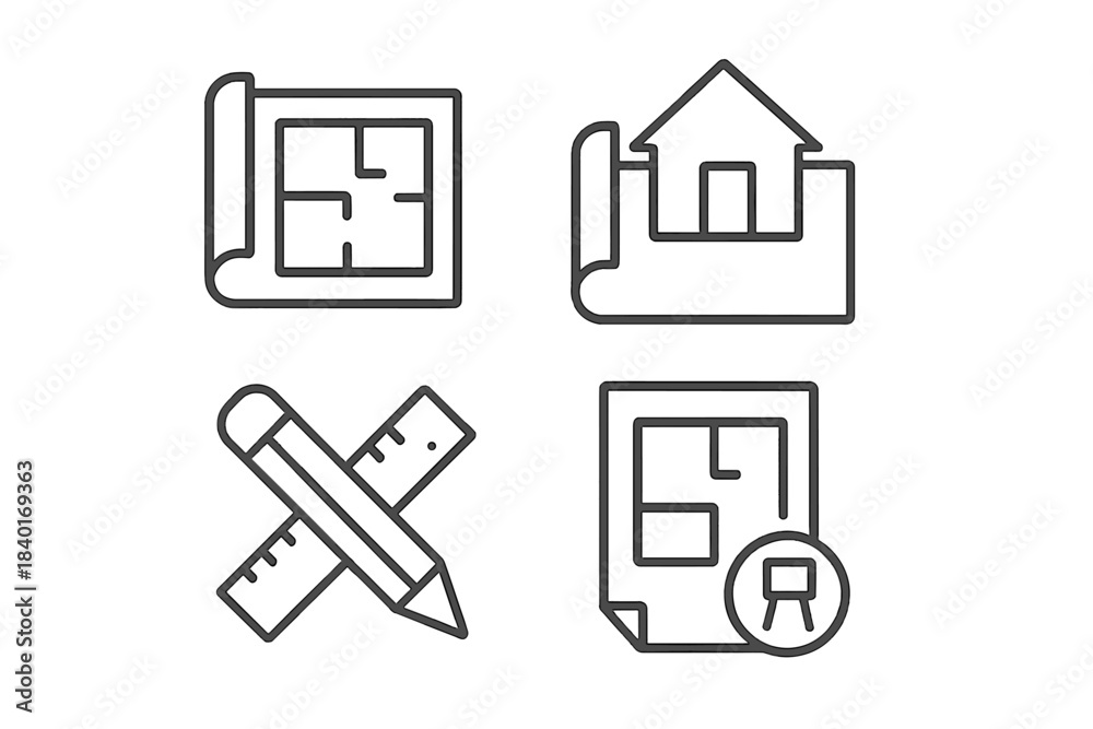 Stock-Vektorgrafik „Architectural planning and design icons set ...