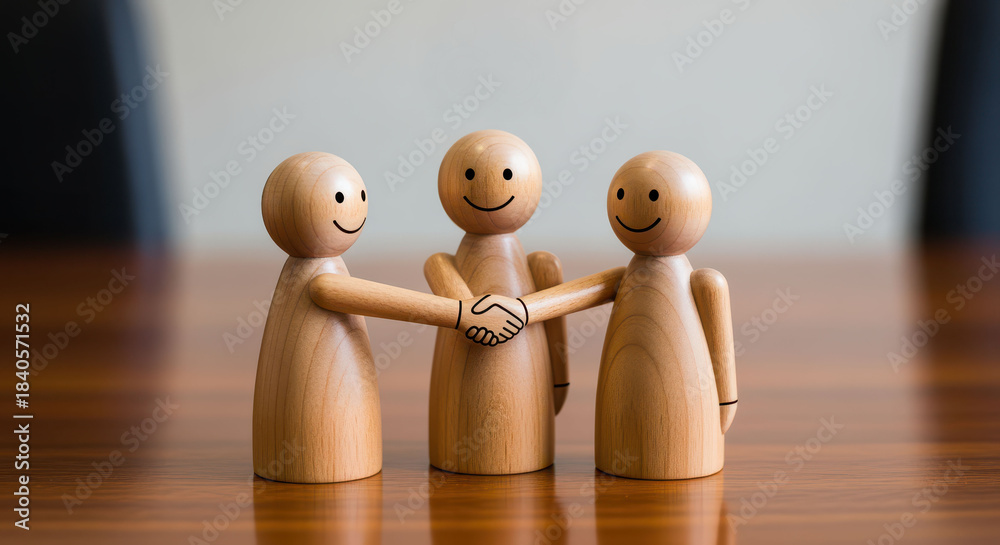 Wooden figures with smiling faces represent teamwork and collaboration ...