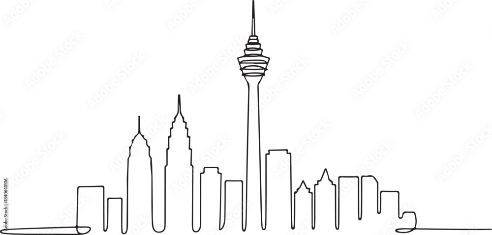 Continuous Line Art of Kuala Lumpur Skyline with Menara KL Tower ...