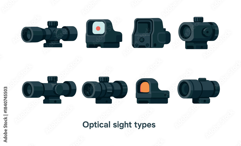 Types of optical sights, flat vector illustration, scopes, crosshairs ...