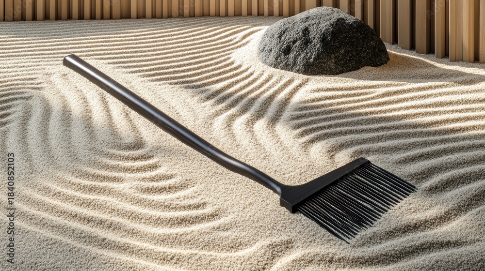 Stock-Illustration „Japanese Zen garden rake, tracing patterns in sand ...