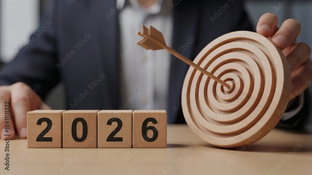 Goal Setting and 2026 Planning. Arrow hitting a wooden target beside ...